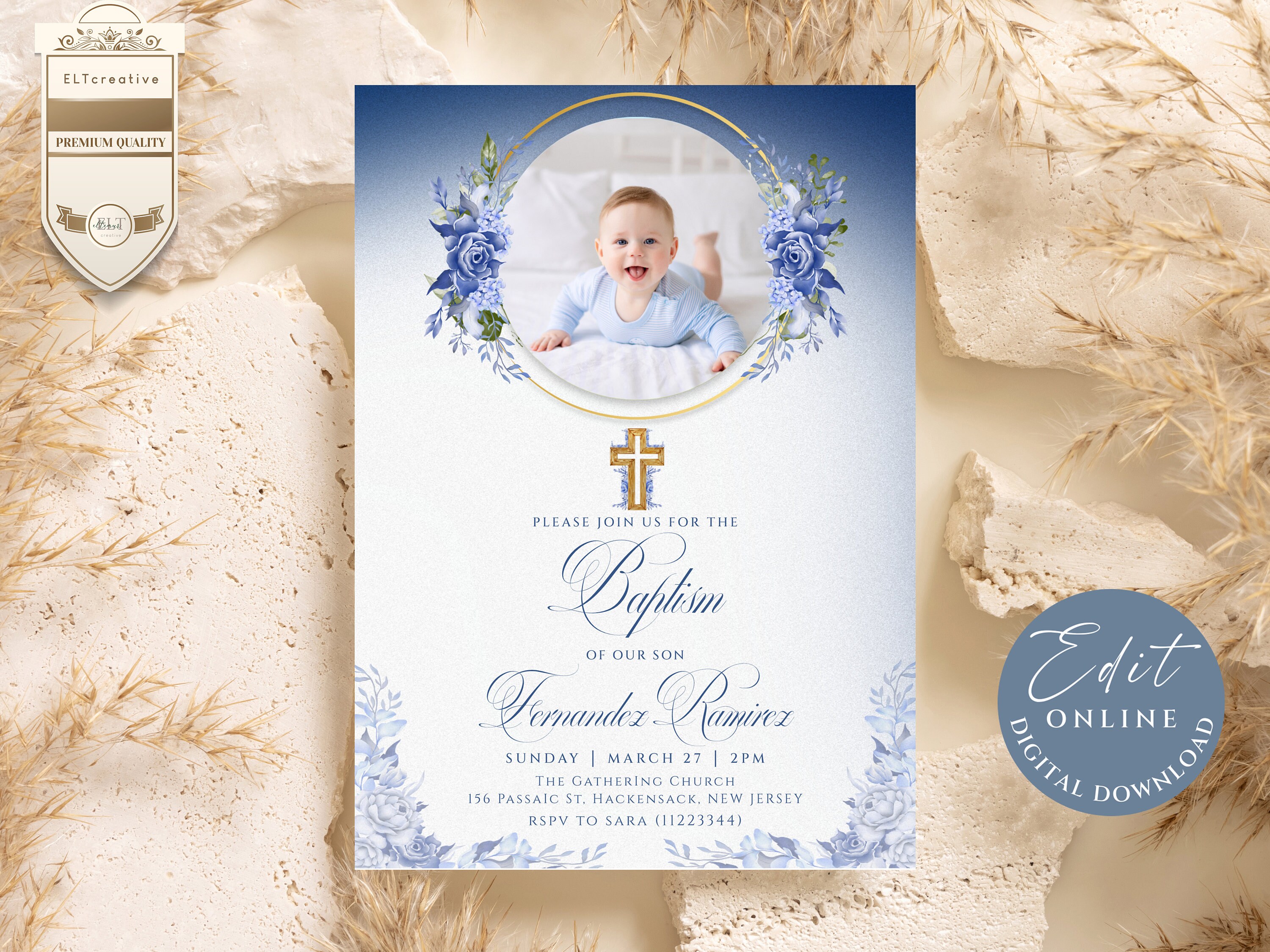 Blue & Gold Photo Baptism Invitation Template, Baby Blue Watercolor Christening Invite, Editable ...