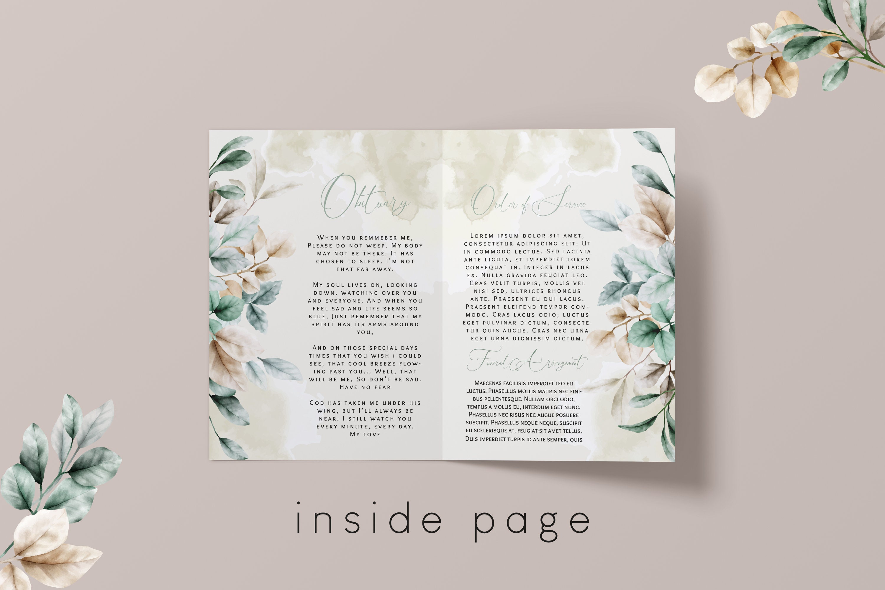 Bi Fold Greenery Funeral Thank You Program Template Editable - Etsy