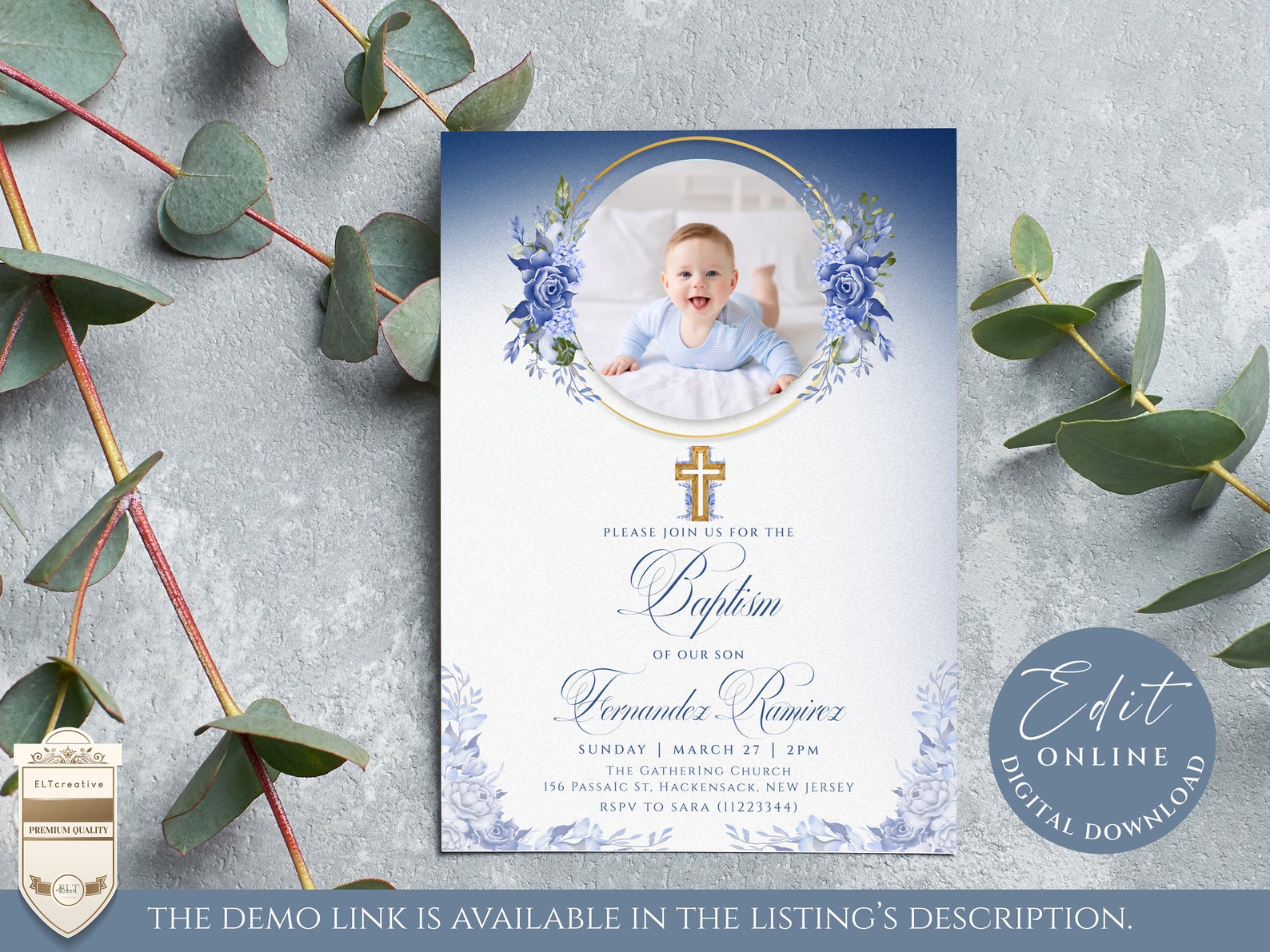 Blue & Gold Photo Baptism Invitation Template, Baby Blue Watercolor ...