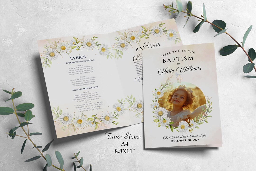 Daisy Frame Baptism Program Template: Editable Printable (CANVA) - Etsy