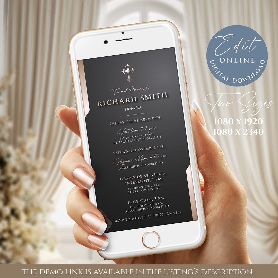 Elegant Funeral Text Invitation Template- Gold Text - Funeral Evite ...