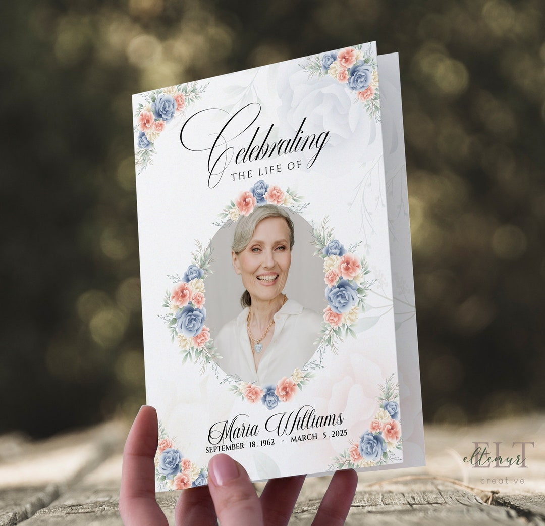 Funeral Program Template Floral Frame Photo Obituary Program Memorial ...
