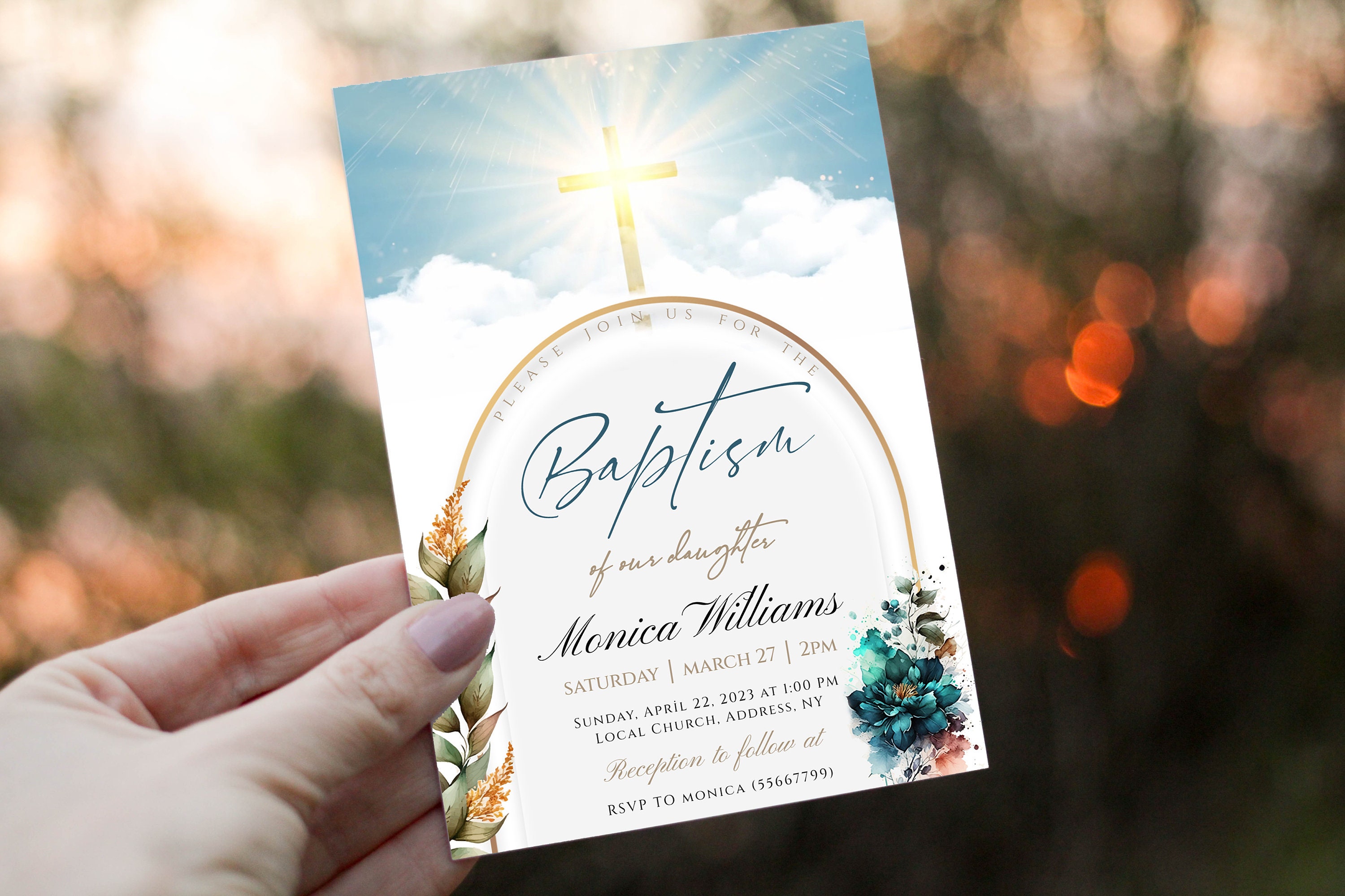 Editable Baptism Invitation Card Template, Golden Cross and Sky ...