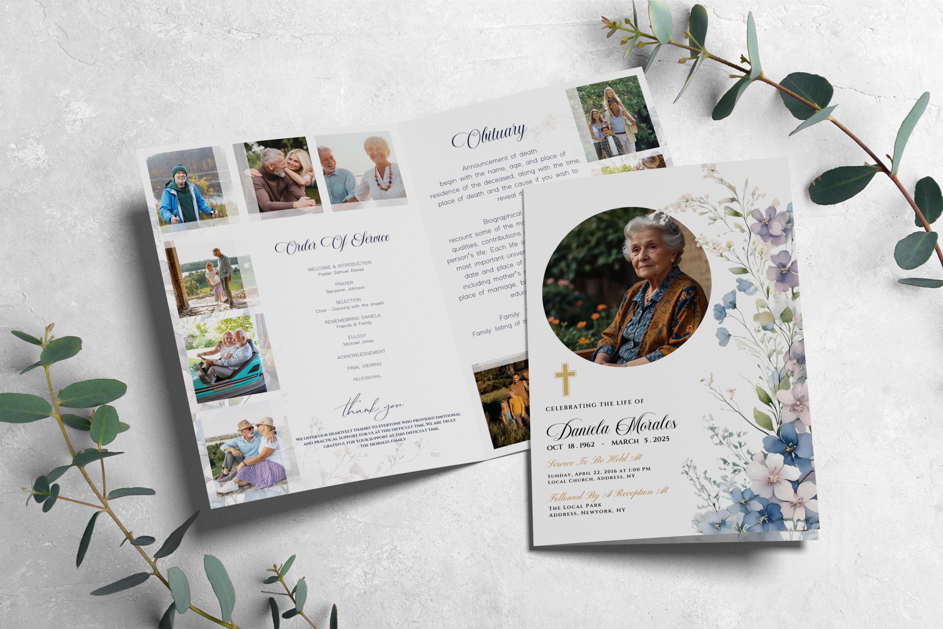Blue Pink Floral Funeral Program Template: Celebration of Life ...