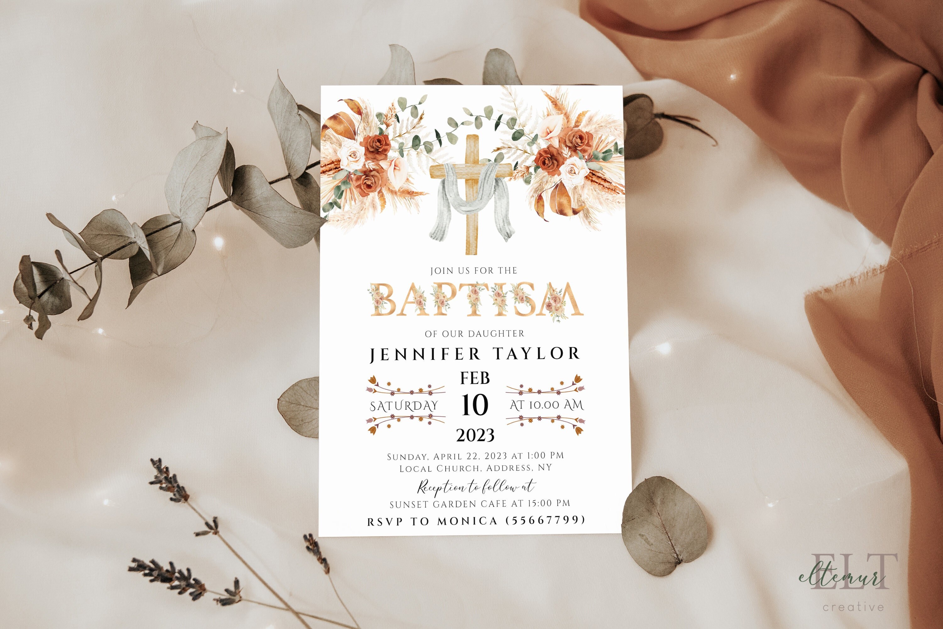 Modern Baptism Invitation Card Template, Floral Christening Invite ...