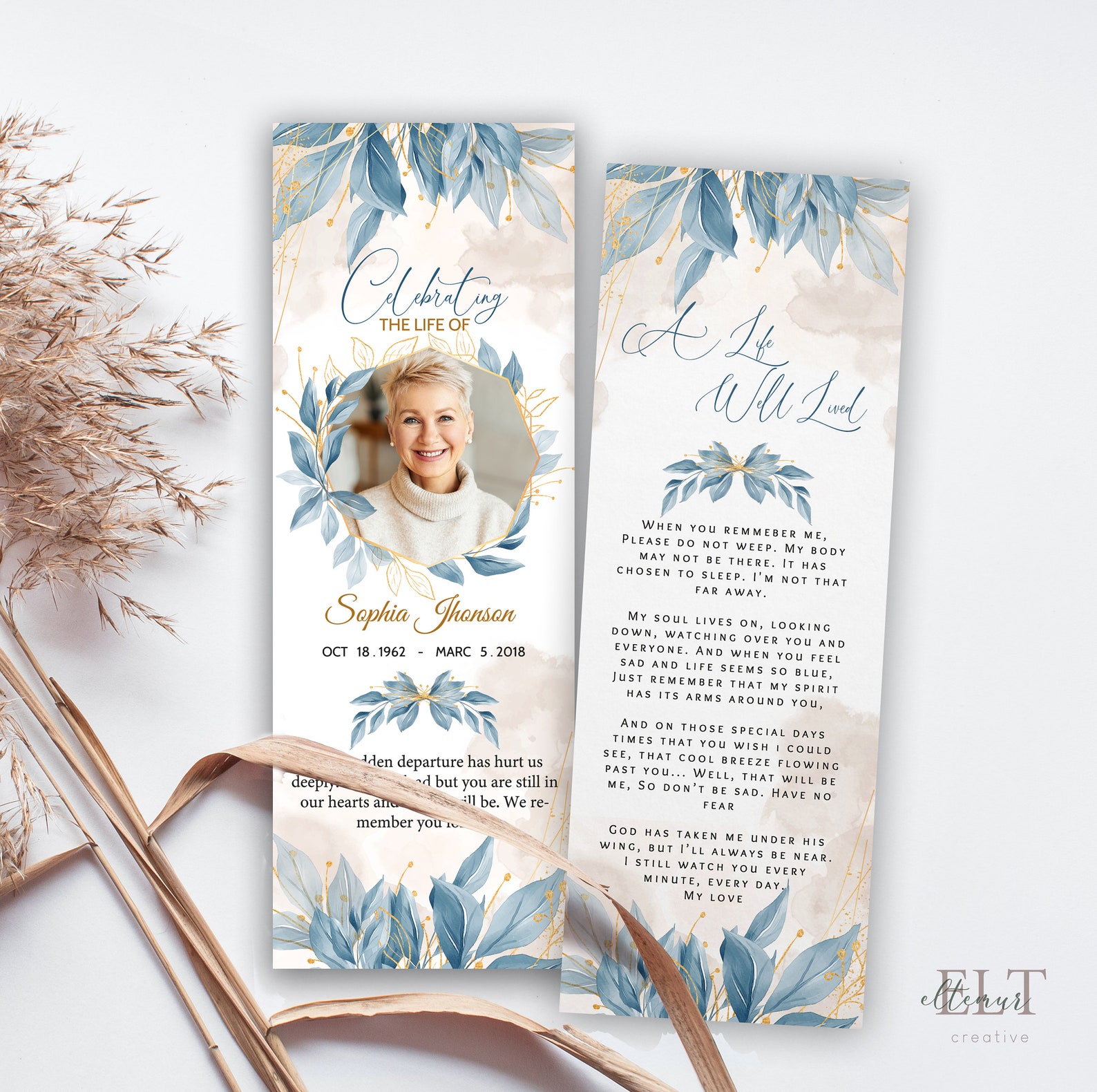 Modern Funeral Bookmark Template for Men & Women Greenery - Etsy