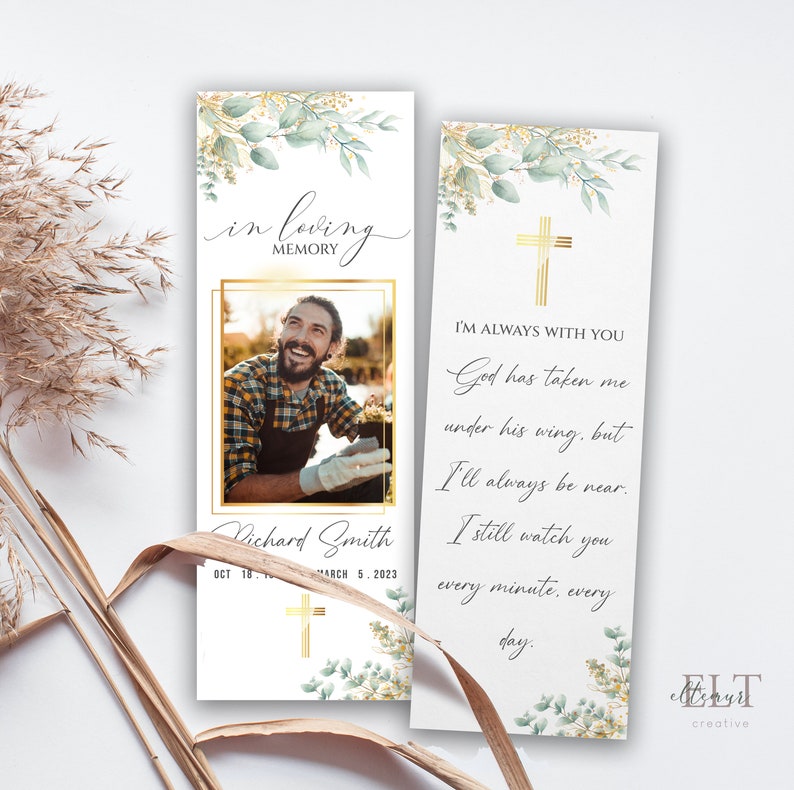 Greenery Funeral Bookmark Template. Simple Photo Funeral Bookmark ...