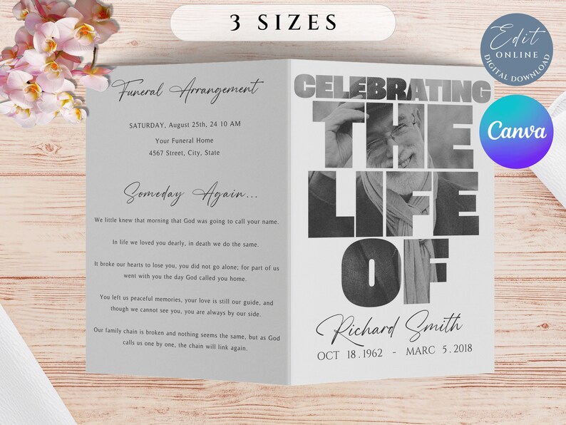 Foldable Funeral Program Template With Text and Photos on the - Etsy