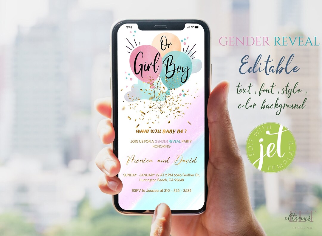 Digital Gender Reveal Evite Template, Blue and Pink Baloons , She or He ...