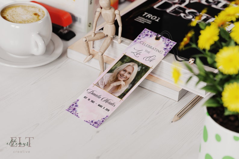 Purple Funeral Bookmark Template, Floral Bookmark Template , Editable ...