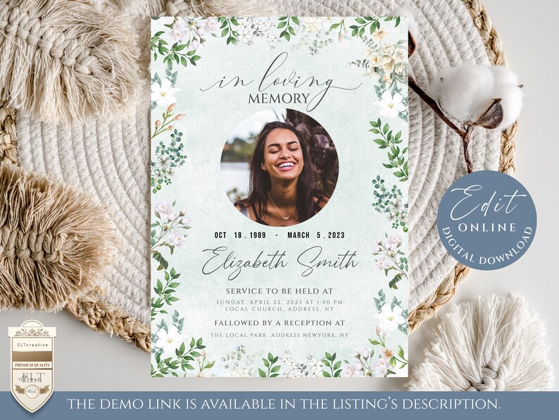 Editable Funeral Invitation Floral Invitation Template - Etsy