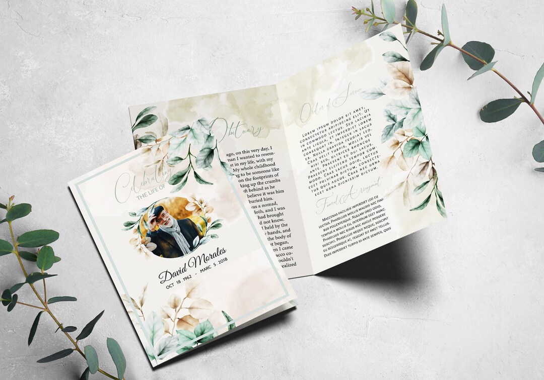 Bi Fold Greenery Funeral Thank You Program Template, Editable Memorial ...