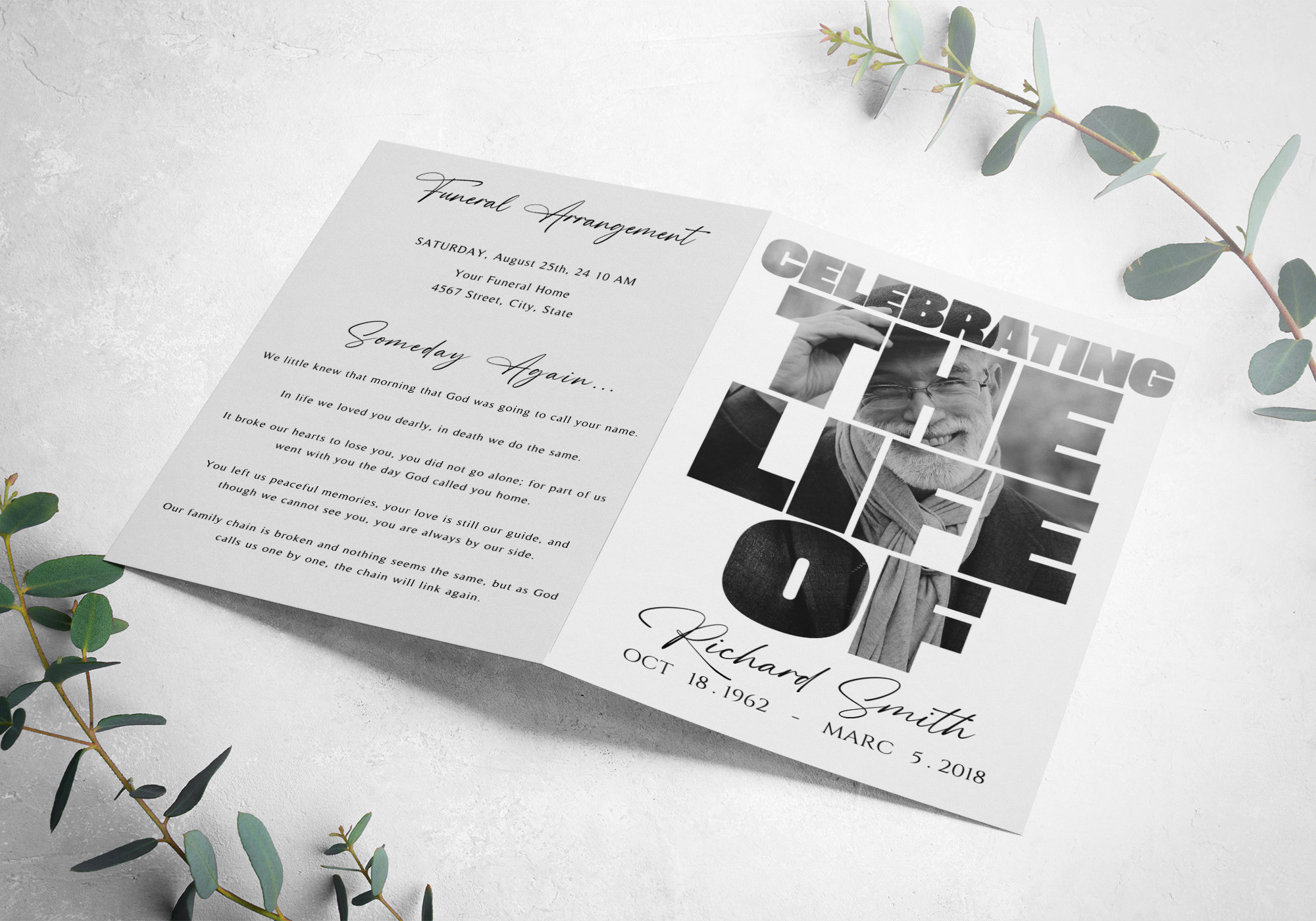 Foldable Funeral Program Template With Text and Photos on the Front ...