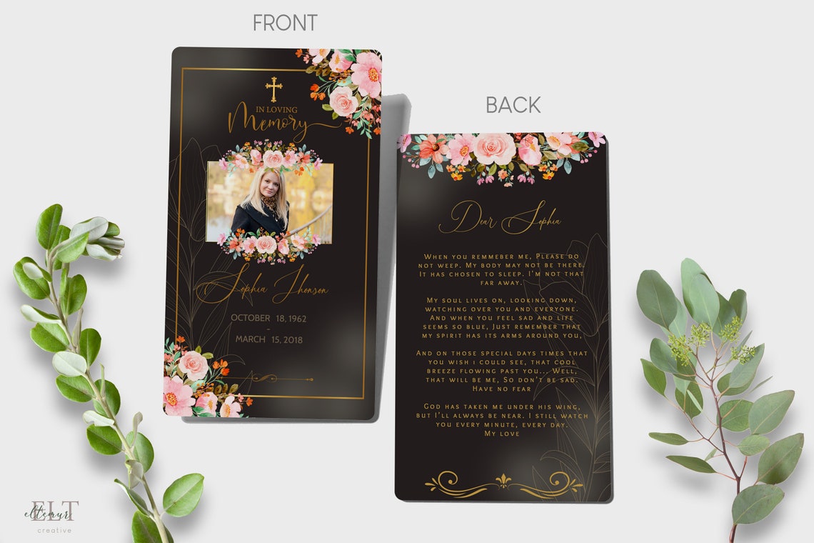 Funeral Prayer Card Template Black and Gold for Men Botanical - Etsy