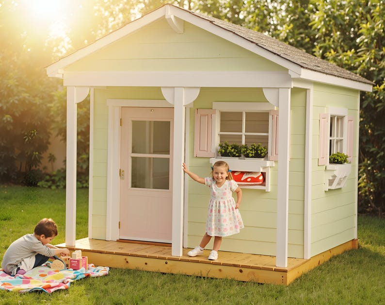 DIY Playhouse Plans With Porch: Kids Outdoor Wooden Playhouse (PDF ...