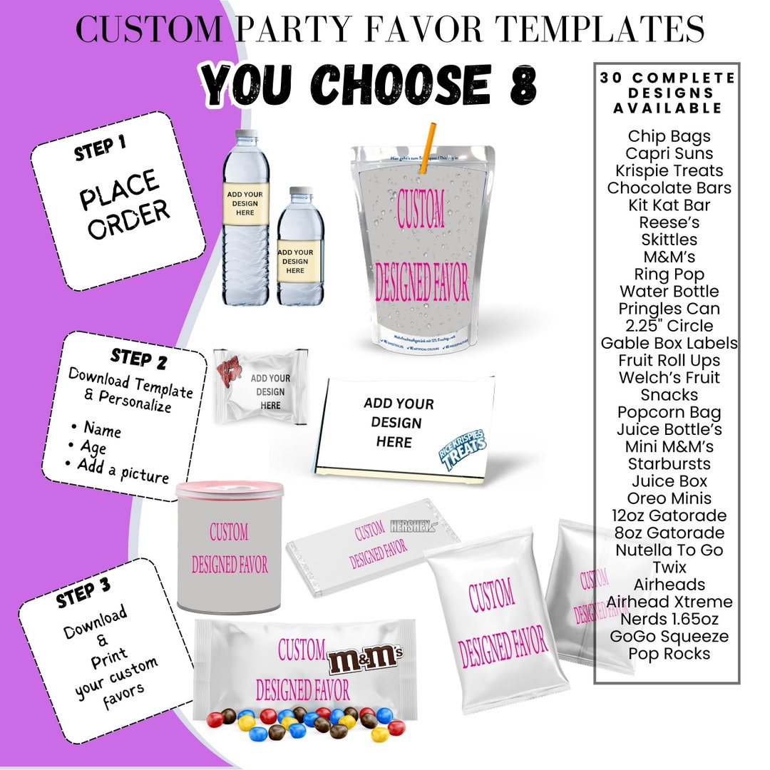 8 Custom Party Favors, 8 Favor Bundle, Chip Bag, Water Bottle, Juice ...