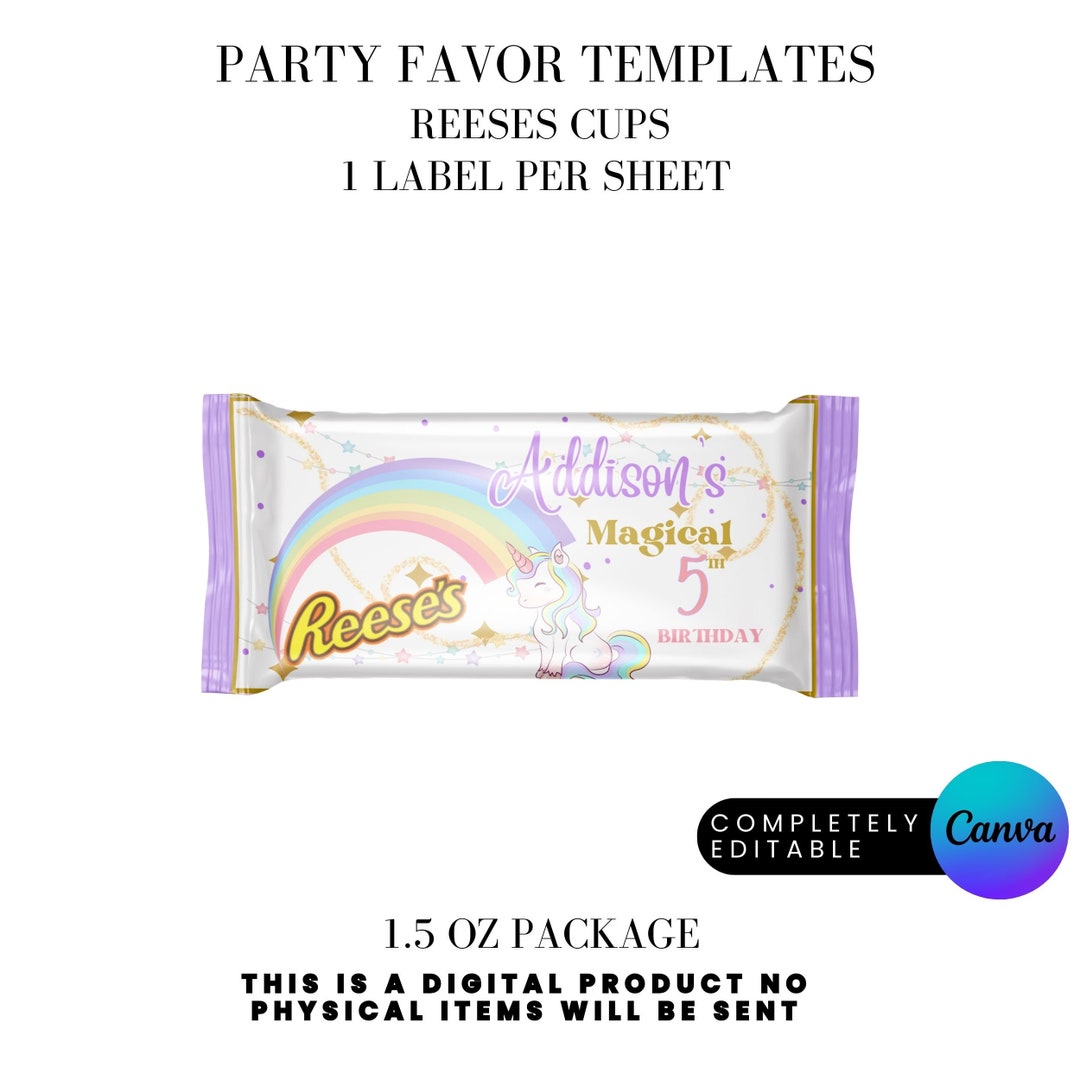 Magical Unicorn Party Birthday Party Favor Reeses Peanut Butter Cup Candy Bar Labels Canva ...