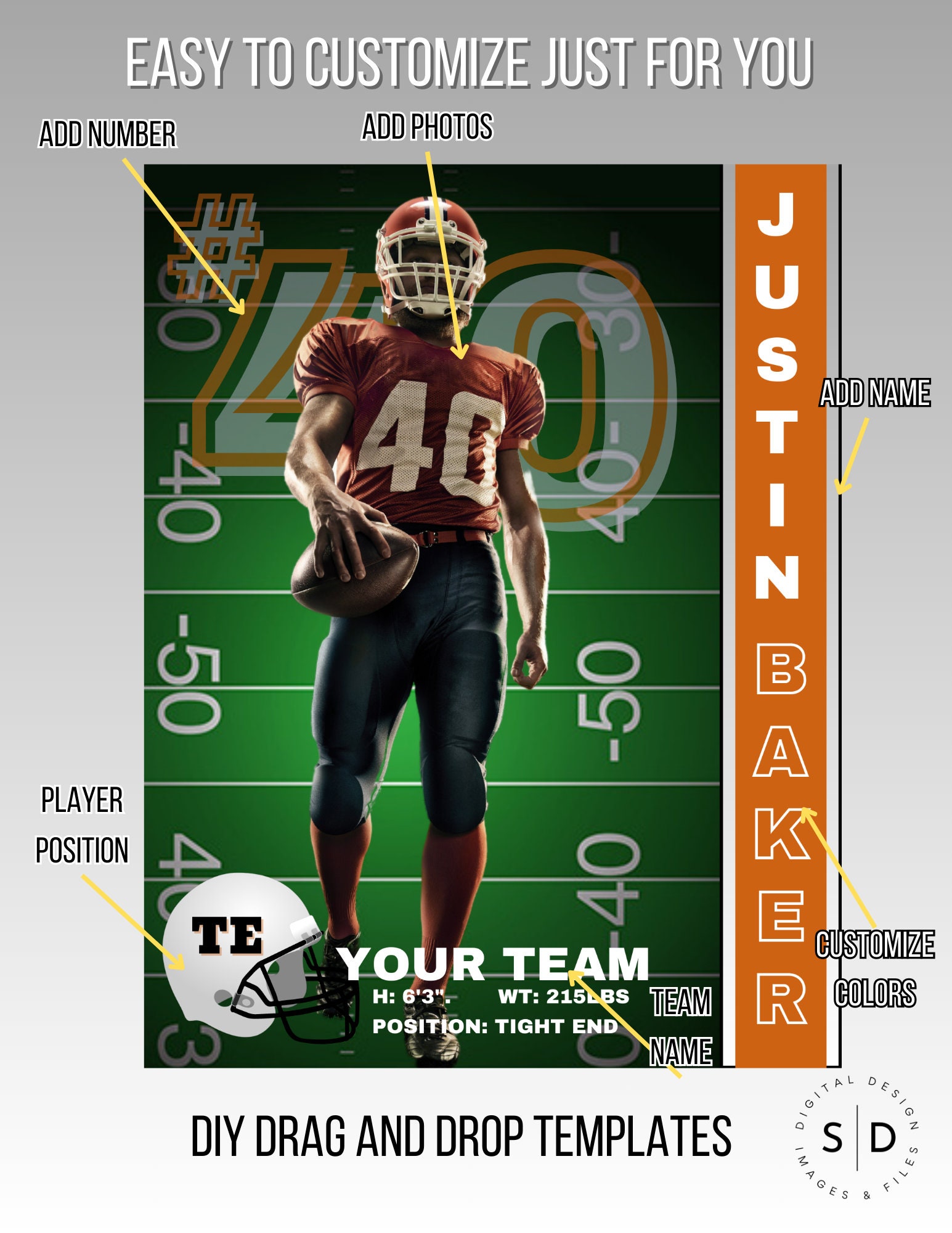 Football Sports Trading Card DIY TEMPLATE Player in the Field - Etsy Canada