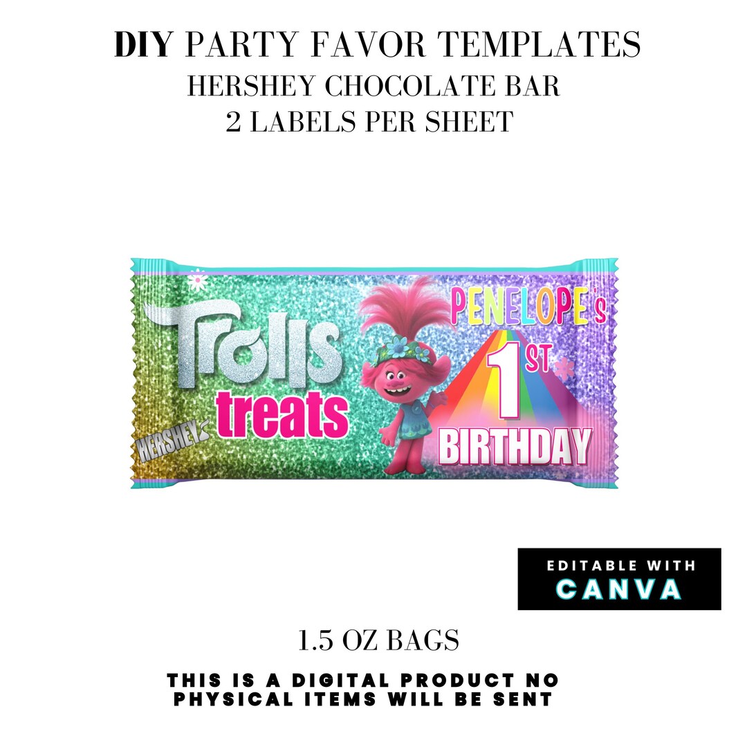 Trolls Birthday Party Favor Chocolate Hershey Bar Label, Custom Party ...