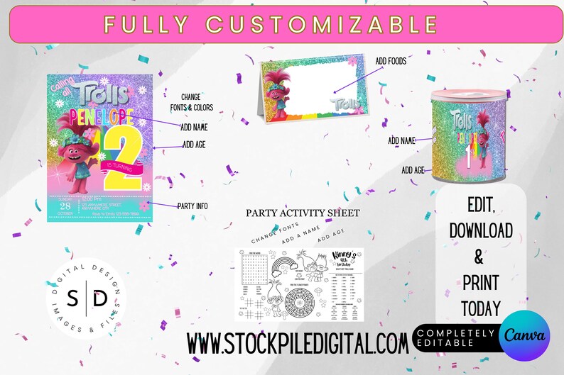 Trolls Birthday Party Templates Bundle, Invitation, Favors, Table ...