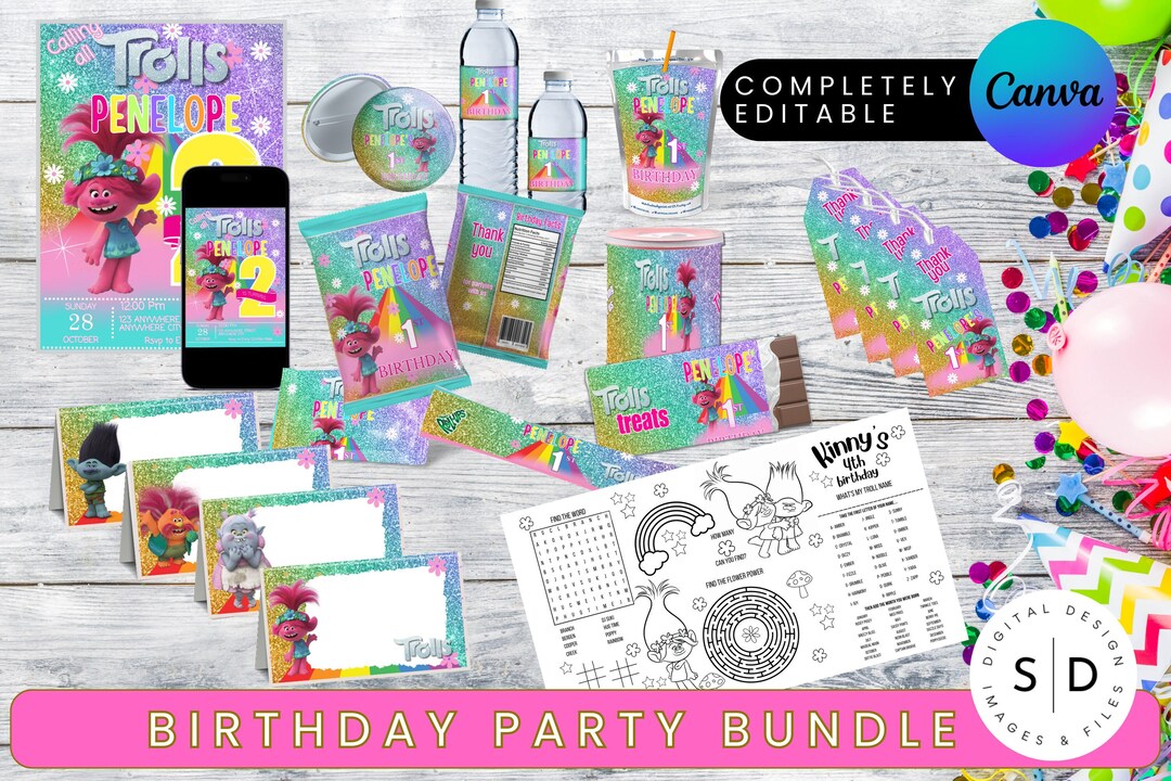 Trolls Birthday Party Templates Bundle, Invitation, Favors, Table ...