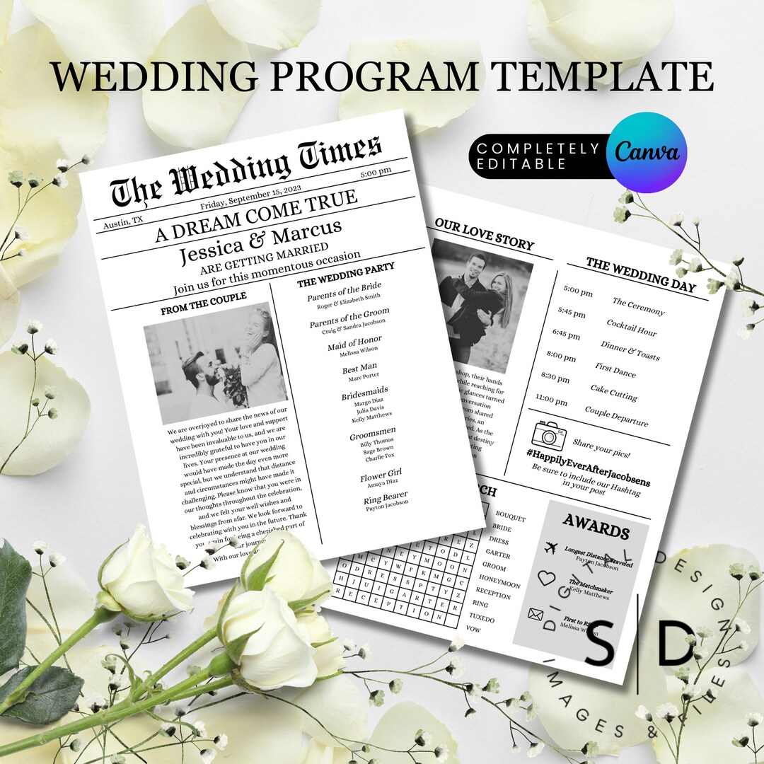 Newspaper Wedding Program Template, Editable Newspaper Program ...