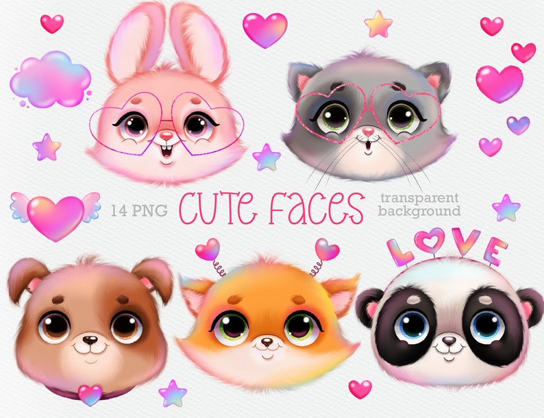 Cute Animal Faces Clipart Cute Cartoon Valentines Clipart - Etsy