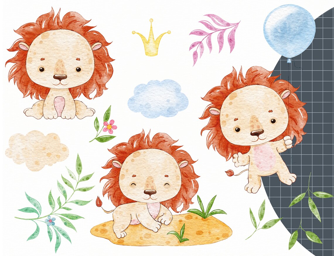 Cute Lion Clipart, Animal Watercolor Set, Baby Shower Wall Art, Nursery ...
