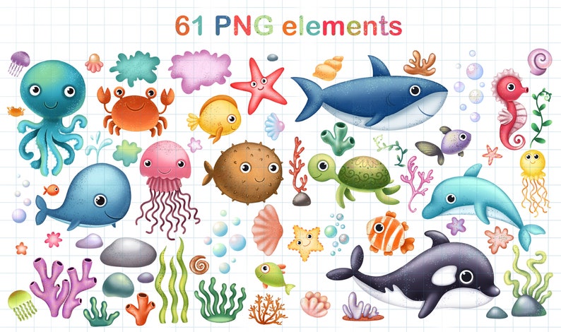 Vibrant Sea Animals Clipart Underwater Life Graphics for Ocean-themed ...