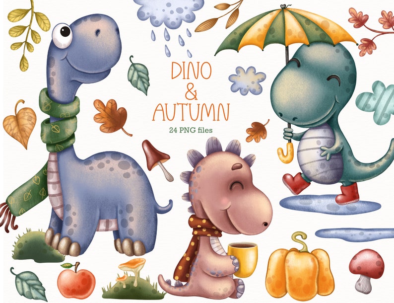 Dinosaurs Clipart Autumn Clipart Cute Dino Clipart - Etsy