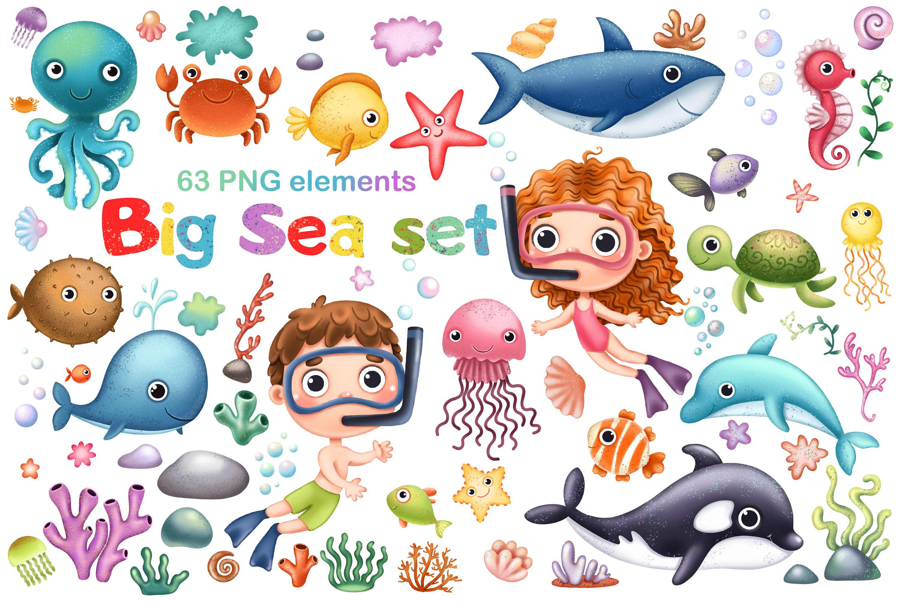 Vibrant Sea Animals Clipart Underwater Life Graphics for Ocean-themed ...