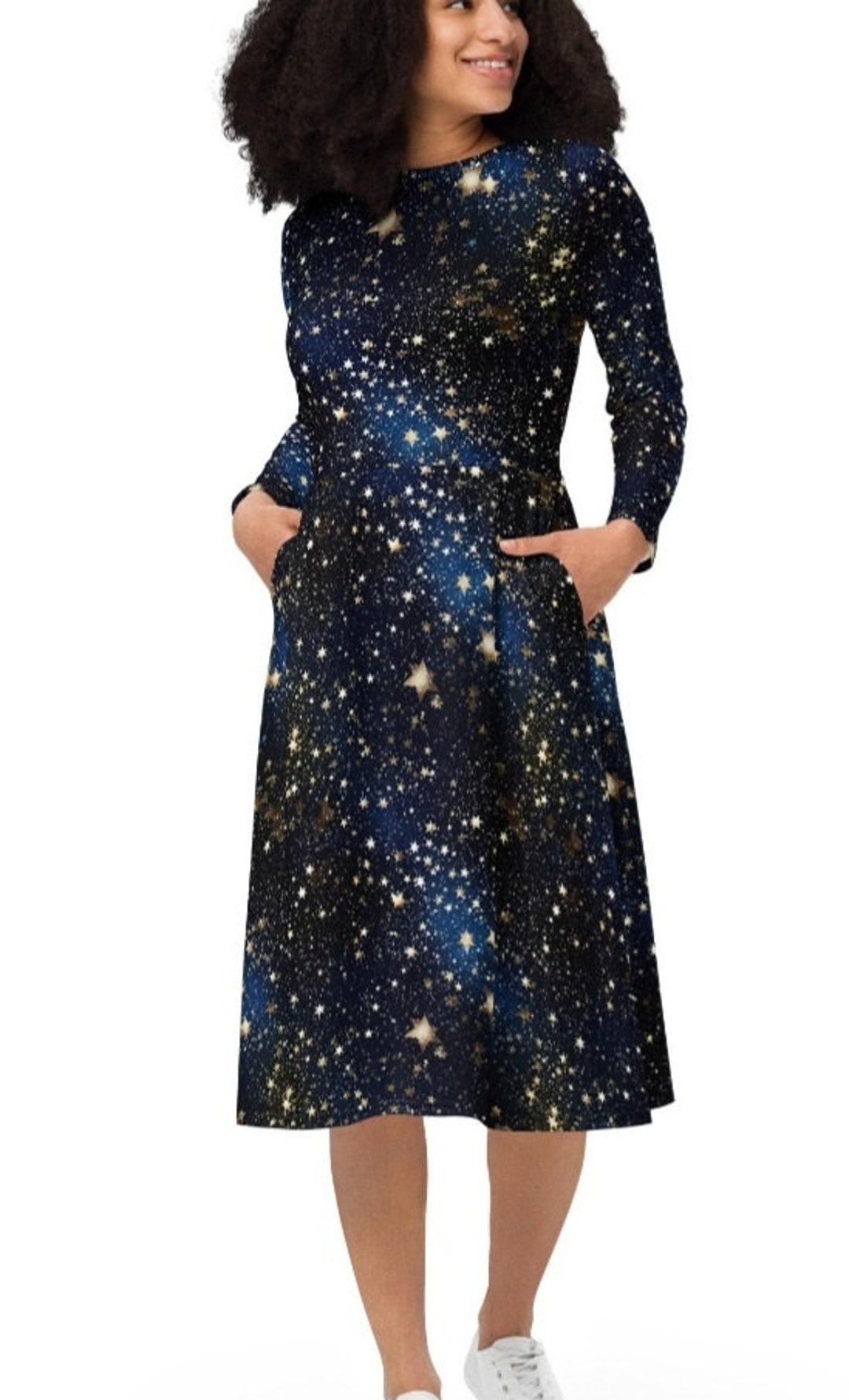 Celestial Long Sleeve Midi Dress With Pockets, Midnight Blue With Gold ...
