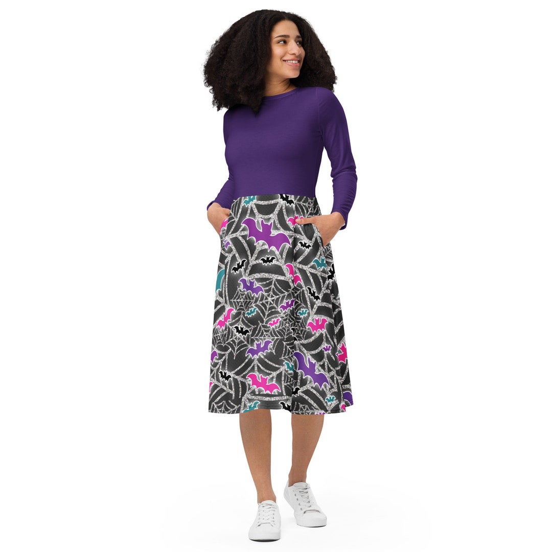 Pastel Goth Long Sleeve Midi Dress With Pockets, Women's Goth Clothing ...