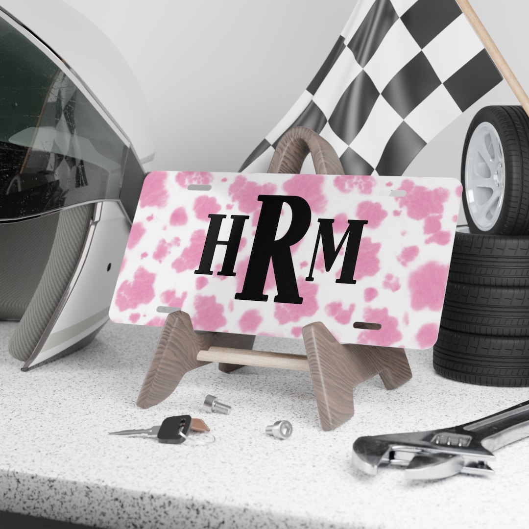 Pink Cow Print Monogram Car Tag Vanity Plate, Personalized Car Decor ...