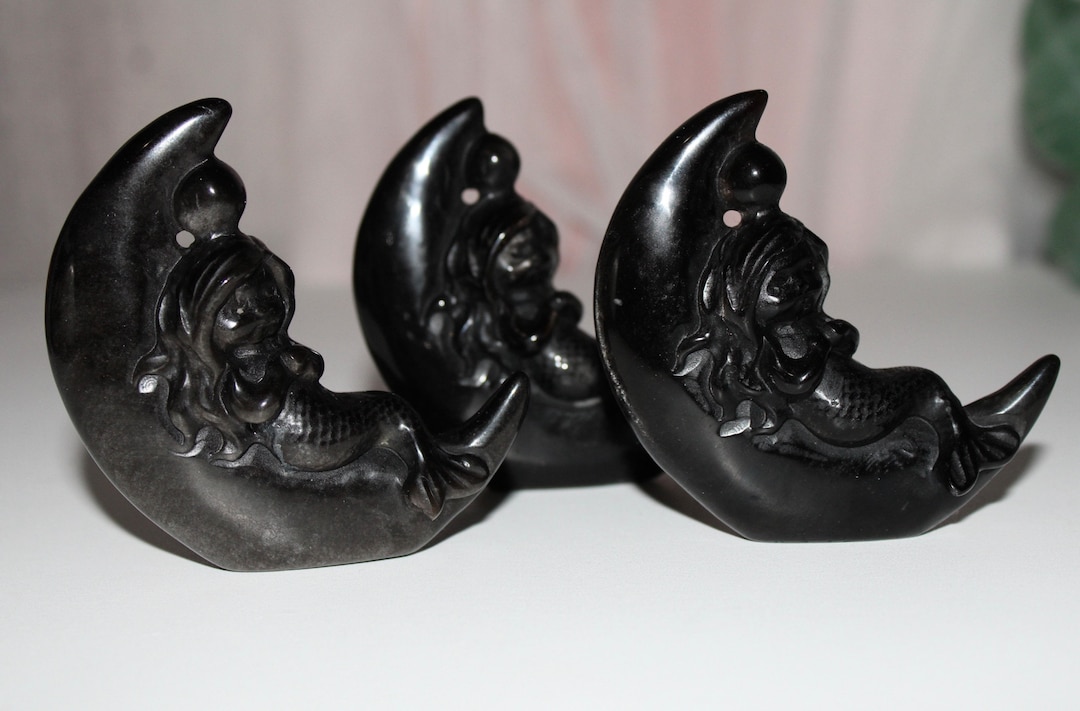 Silver Sheen Obsidian Carving - Handle With Care! - Mermaid on Moon - Etsy