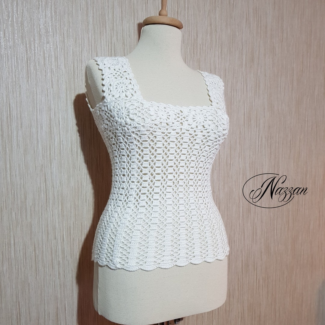 White Color Hand Knitted Top Crochet Crop Top Granny Square - Etsy