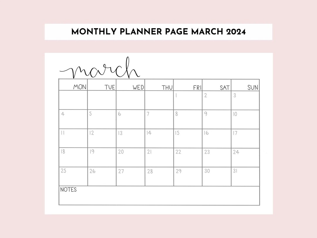 March 2024 Printable Calendar in Minimalist Design With Notes Section ...