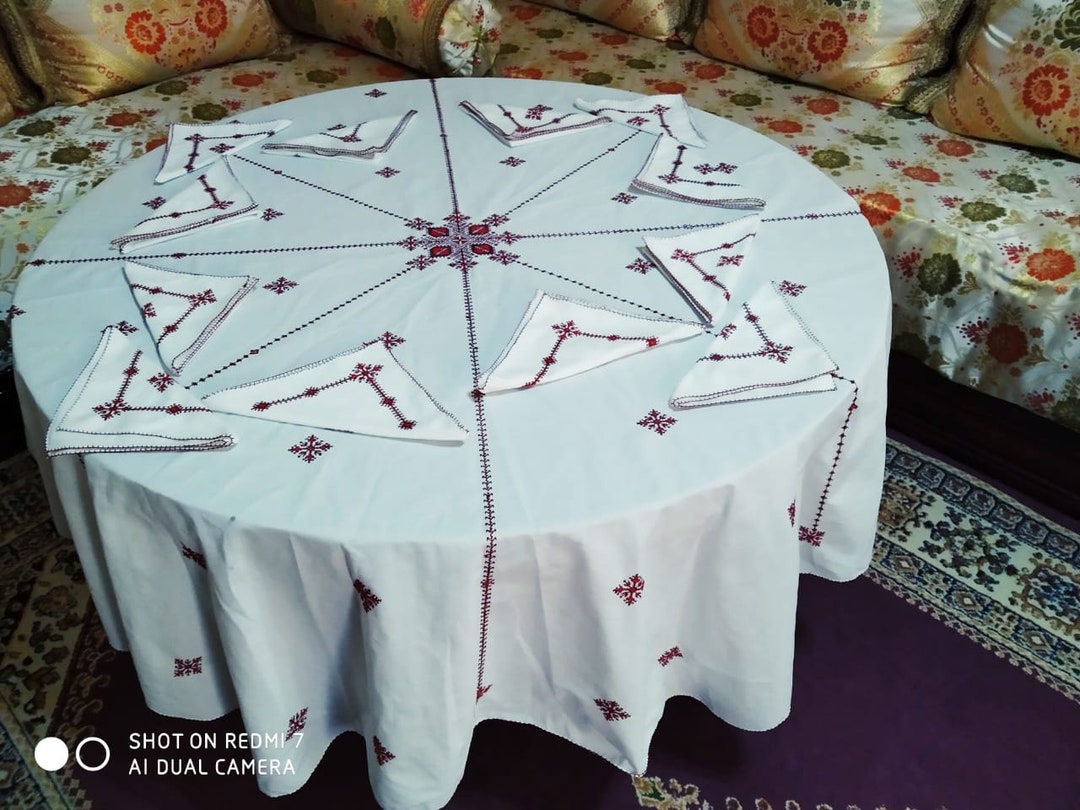 Moroccan Handdmade Tablecloth Embroidered Set Multi-color - Etsy