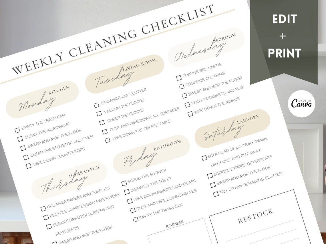 Weekly Cleaning Checklist Printable Plan for House Cleaning Schedule ...