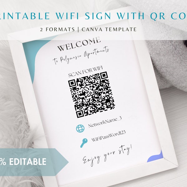 Wi-fi Sign With QR Code Printable Canva Template Beach Theme Welcome ...