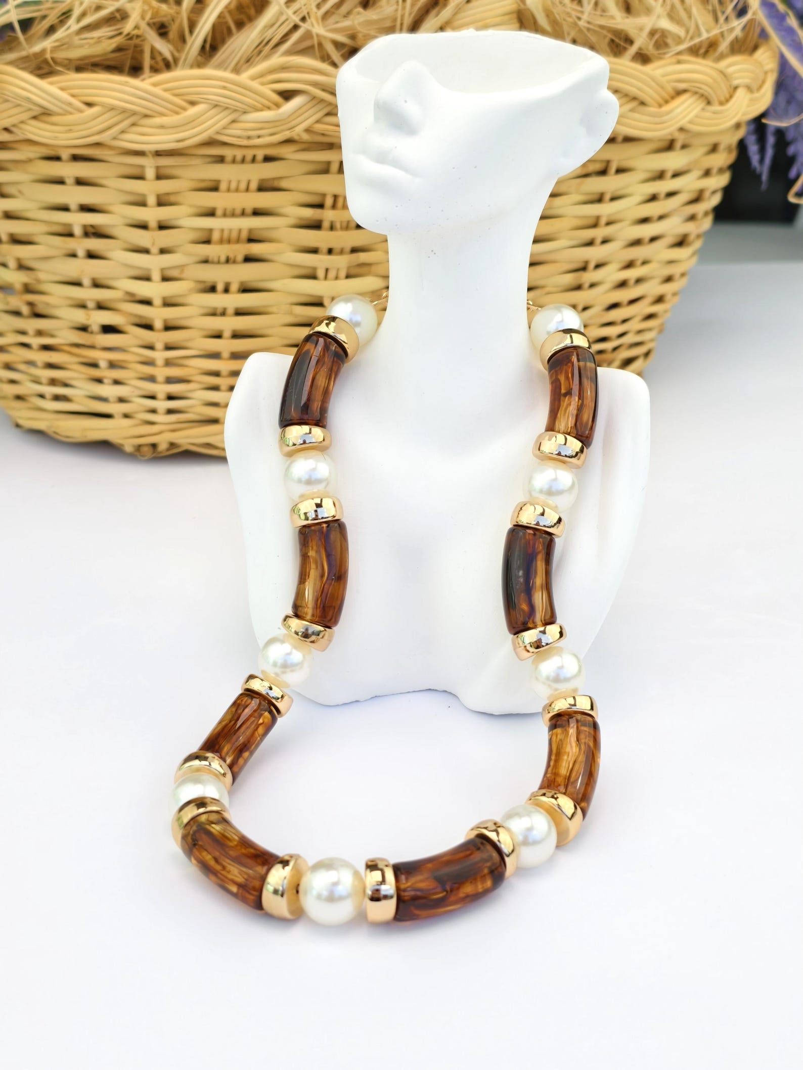 Tortoise Shell Resin Choker – Stretchy Statement Necklace With Pearl ...