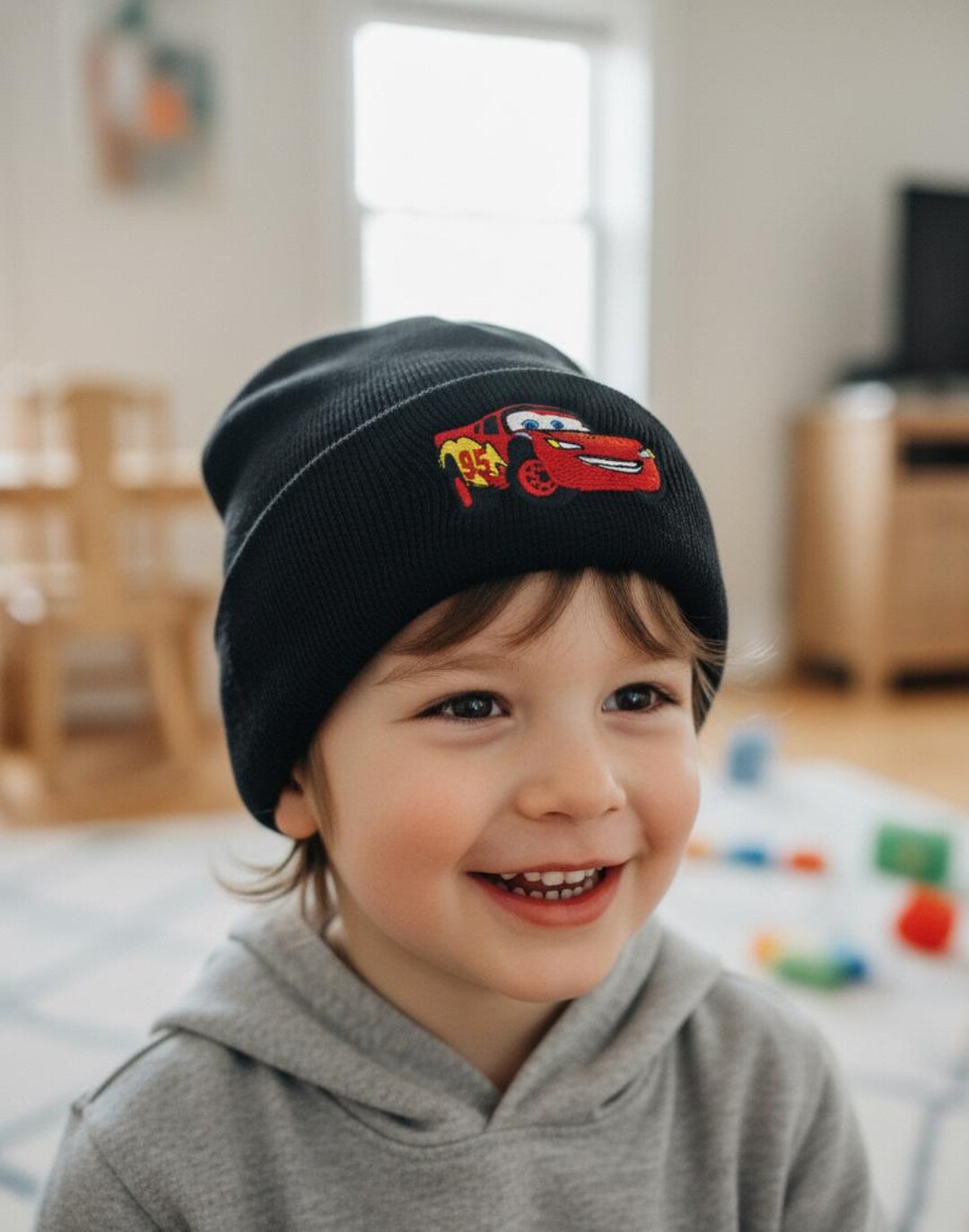 Toddler Knit Beanie | Red-black Embroidered Race Car Hat | Kids Winter ...