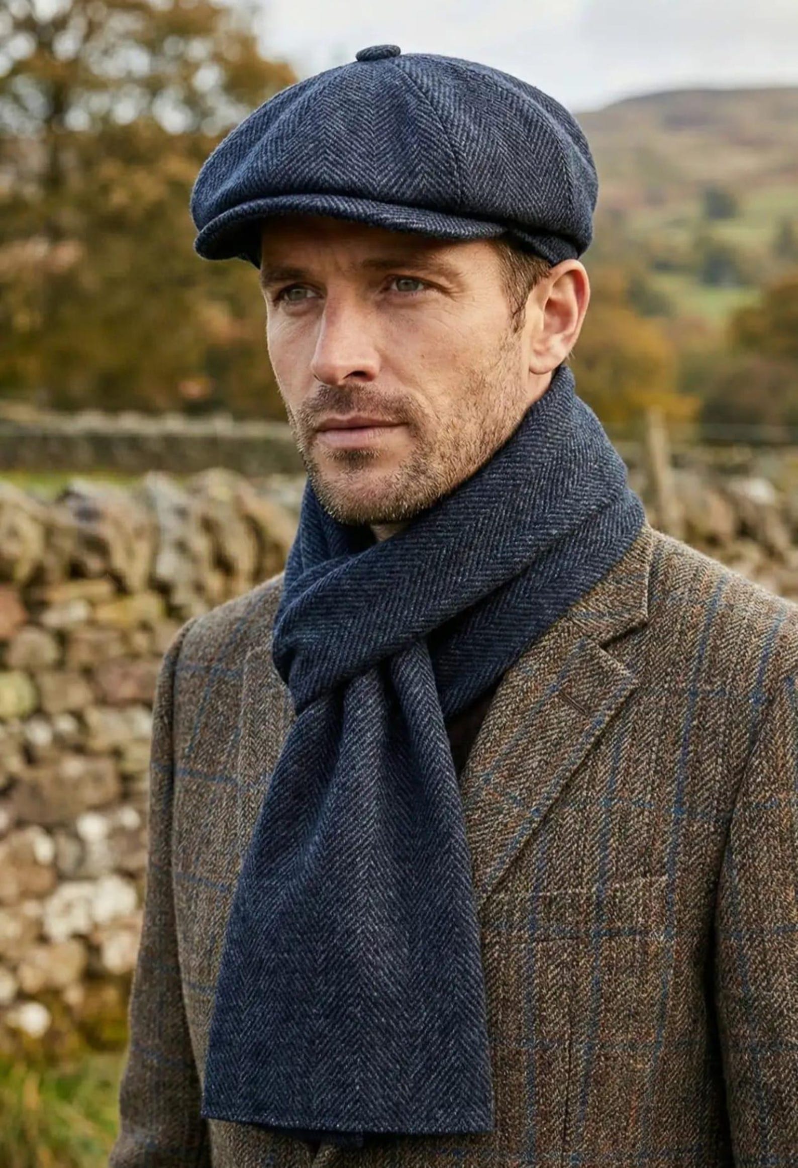 Navy Blue Herringbone Newsboy Cap and Scarf Set, Mens Wool Flat Cap ...