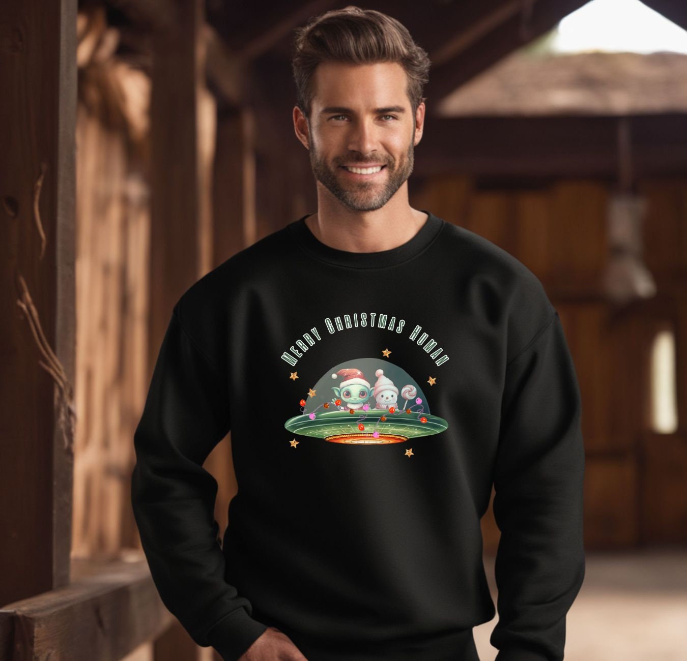 Alien UFO Christmas Sweater, Cute Alien and Snowman Sweater, UFO ...