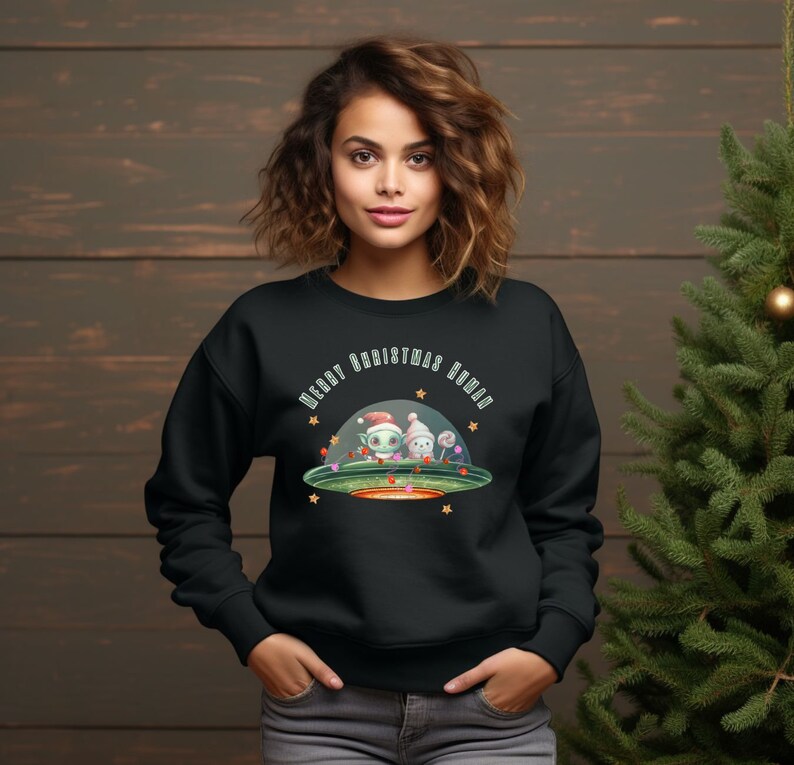 Alien UFO Christmas Sweater, Cute Alien and Snowman Sweater, UFO ...