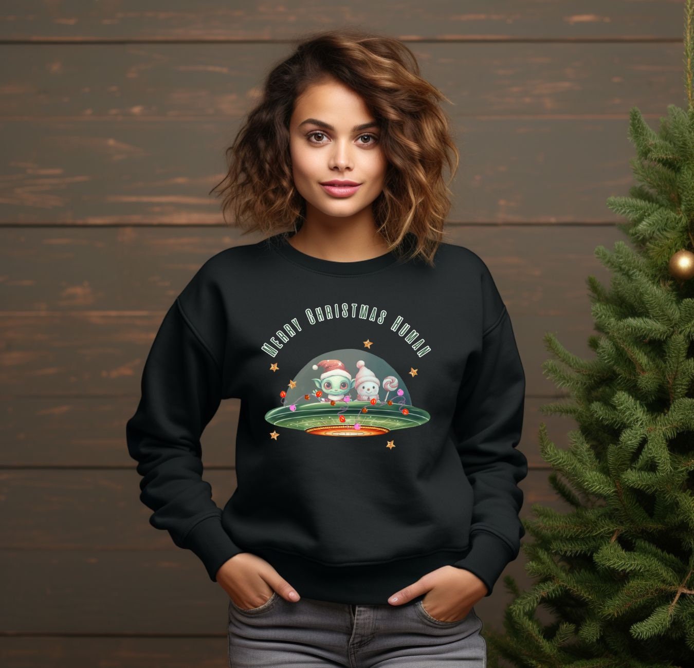 Alien UFO Christmas Sweater, Cute Alien and Snowman Sweater, UFO ...
