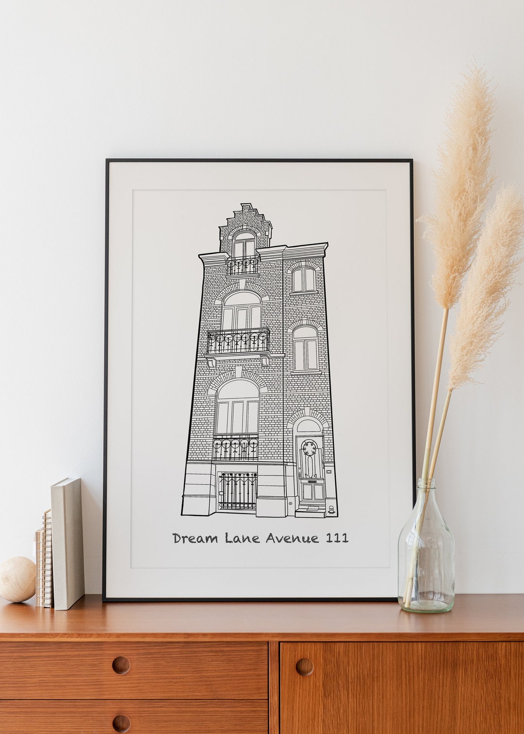 Custom House Line Art Illustration, Hand-drawn Black & White ...