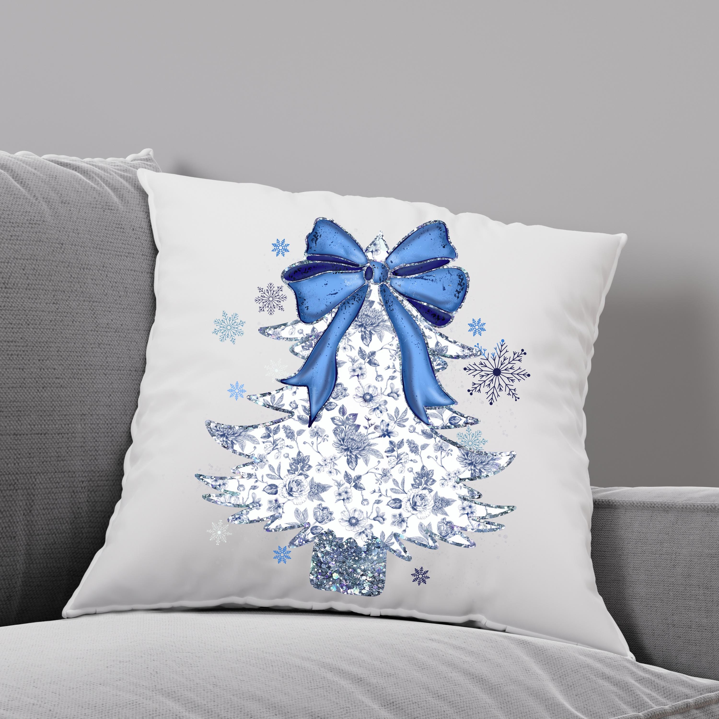 Pink and Blue Toile Christmas Tree PNG, Faux Glitter Vintage Tree ...