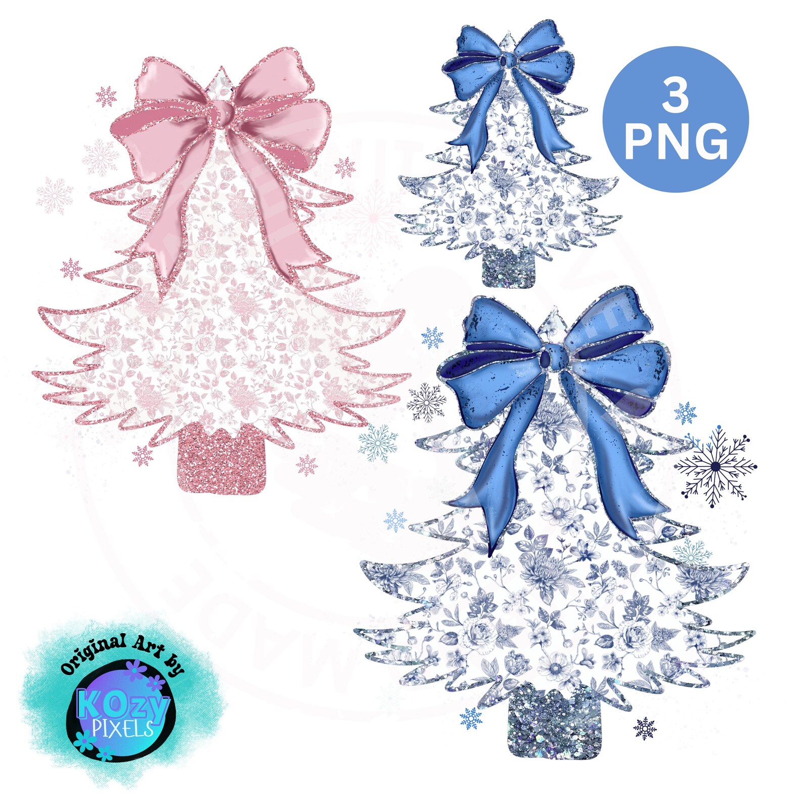 Pink and Blue Toile Christmas Tree PNG, Faux Glitter Vintage Tree ...
