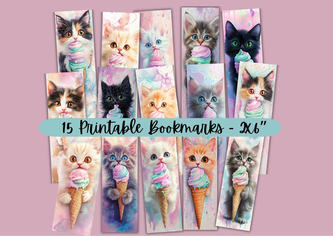Printable Cat Bookmarks – Cute Kittens Eating Ice Cream Cones – Digital ...